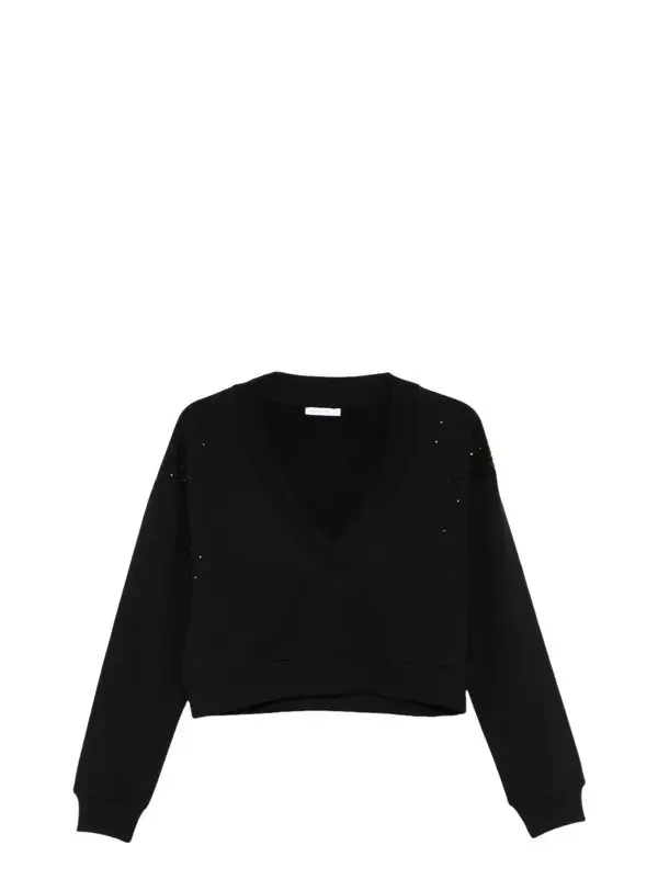 Patrizia Pepe Deep V-neck Rhinestone Embellished Cropped Sweatshirt - Black