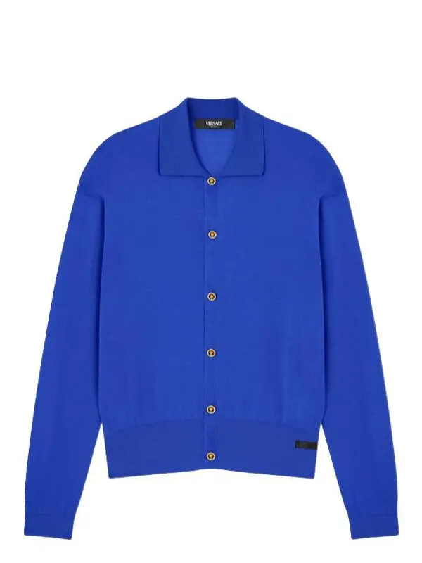Versace Cotton Silk Blend Collared Cardigan With Medusa Buttons - Blue