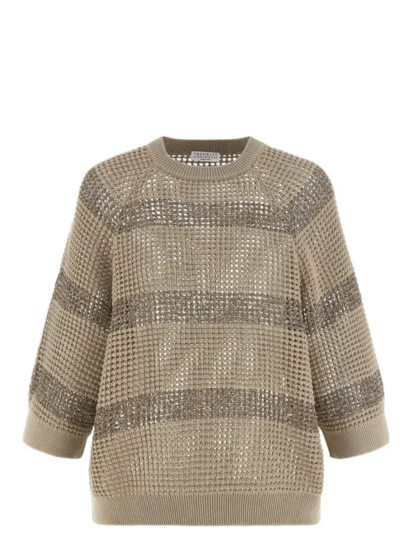 Brunello Cucinelli Embellished Striped Crew Neck Pullover - Nude