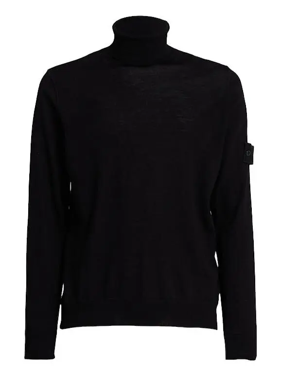 Stone Island Light Wool Turtleneck Sweater With Sleeve Logo Patch - Black
