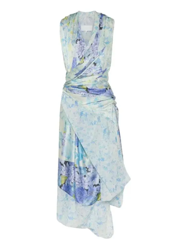 MAISON MARGIELA Sleeveless Floral Print Draped Dress - Light Blue