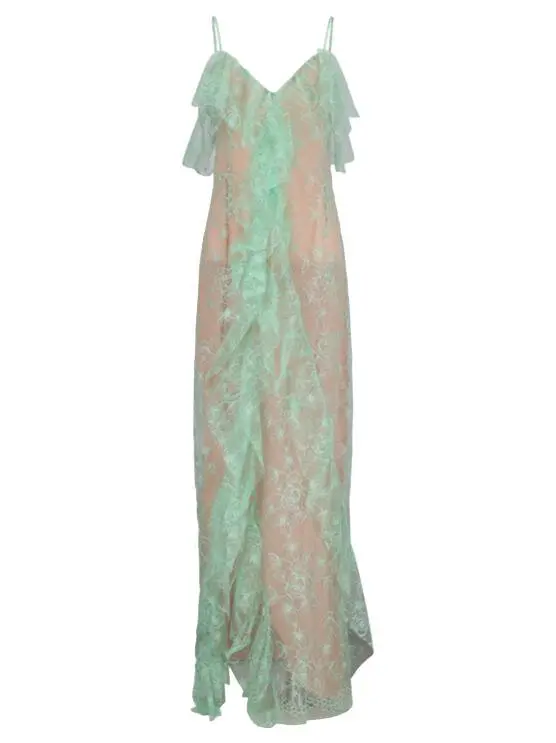 Blumarine V-neck Ruffled Lace Maxi Dress - Green