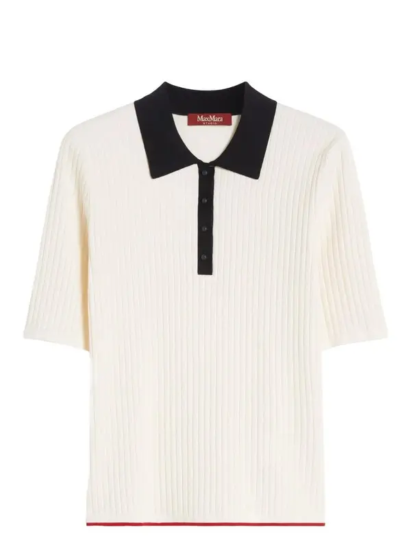 Max Mara Ribbed Polo Top With Classic Collar - White/blue