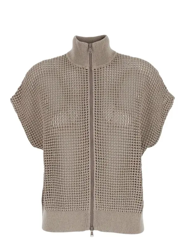 Brunello Cucinelli Zip-neck Open-knit Top - Beige