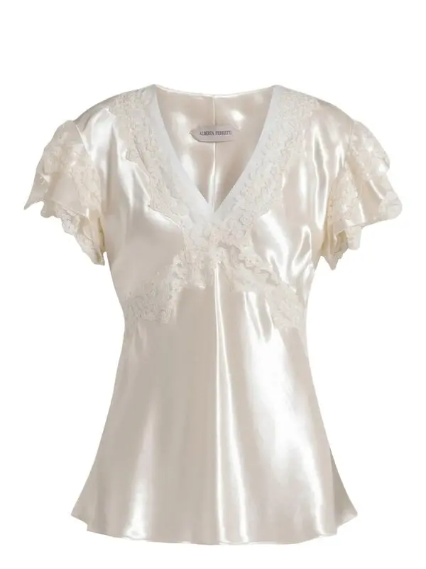 Alberta Ferretti Lace Trimmed Satin V-neck Top - White