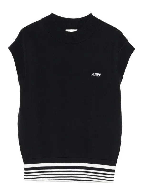 AUTRY Sleeveless Crewneck Knit Top With Striped Hem - Black