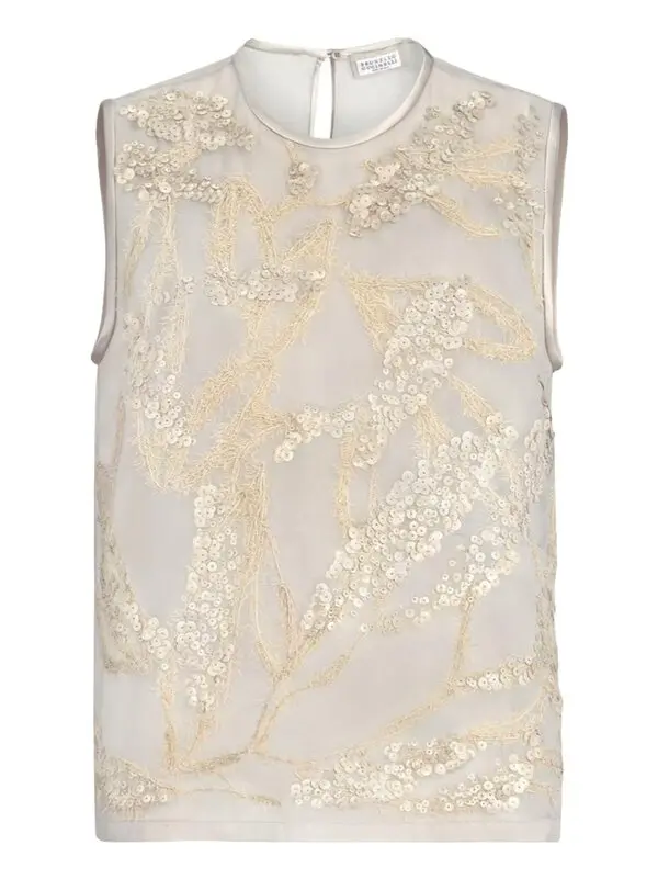 Brunello Cucinelli Sleeveless Round Neck Top With Patterned Embellishments - Beige