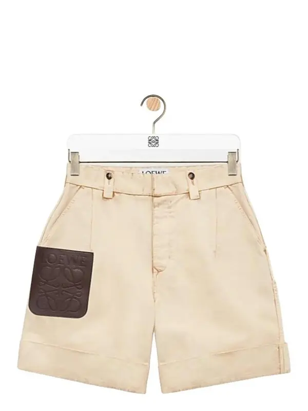 Loewe Anagram Embossed Leather Patch Turn-up Shorts - Light Brown