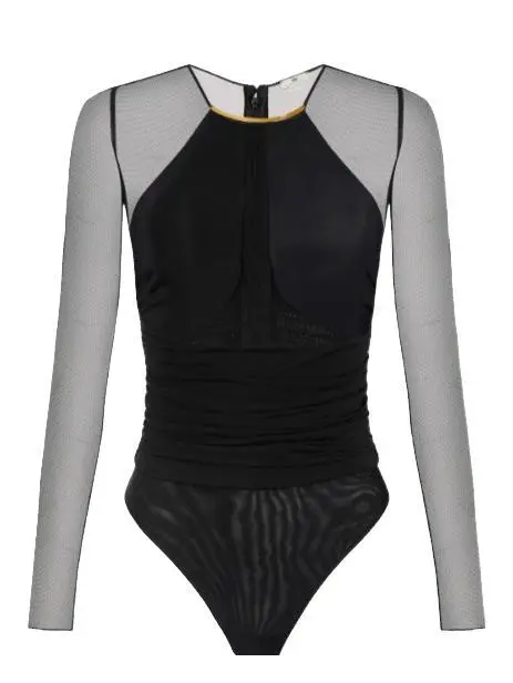 Elisabetta Franchi Bodysuit With Tulle And Golden Detail - Black