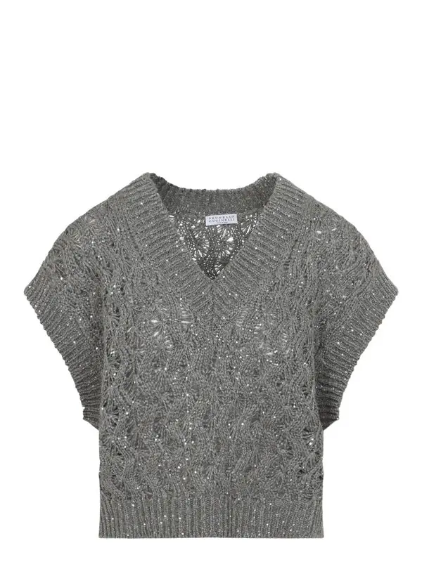 Brunello Cucinelli V-neck Cable Knit Vest With Embellishments - Gray