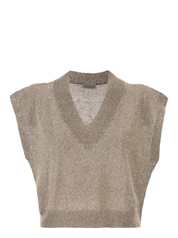 Brunello Cucinelli Sequined V-neck Sleeveless Knit Top - Nude