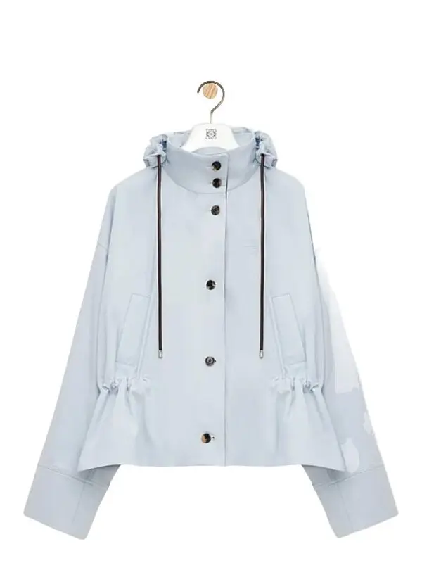 Loewe Hooded Jacket In Cotton And Silk With Leather Accents - Blue