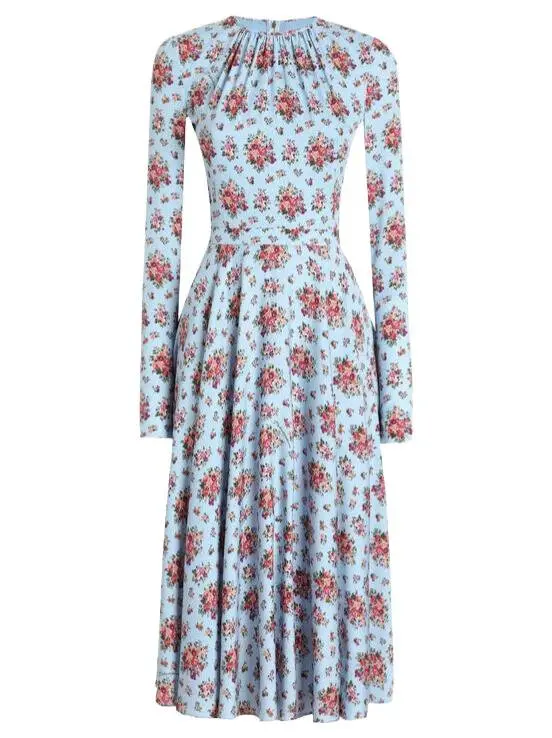 Dolce & Gabbana Floral Print Long Sleeve Midi Dress - Blue