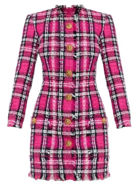 Balmain Checked Tweed Mini Dress - Pink