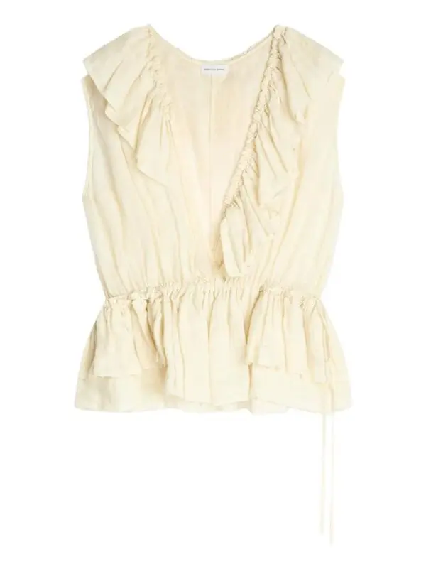 Dries Van Noten Ramie Muslin Ruffled V-neck Top - Ivory