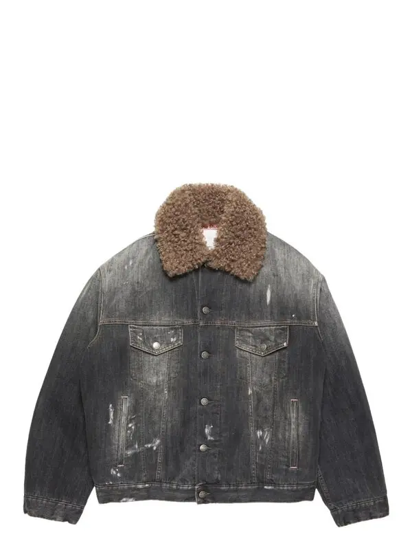 Acne Studios Distressed Denim Jacket With Faux Shearling Collar - Black