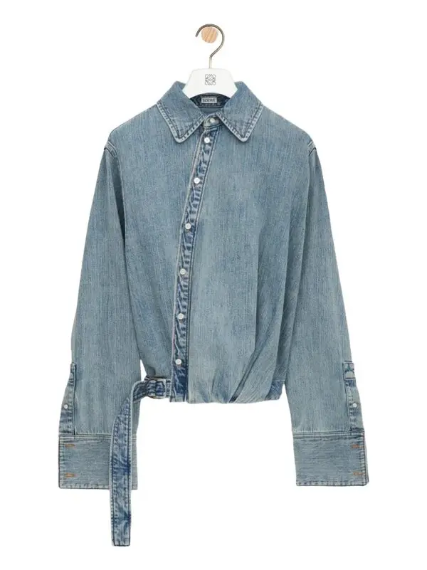 Loewe Draped Denim Shirt With Anagram Embroidery - Washed Denim
