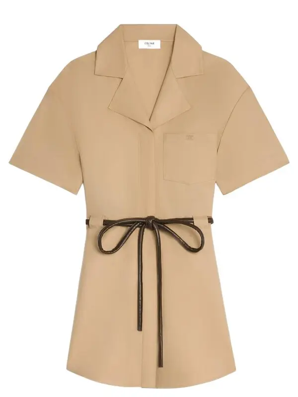 Celine Cotton And Silk Twill Dress With Sheepskin Belt - Nude