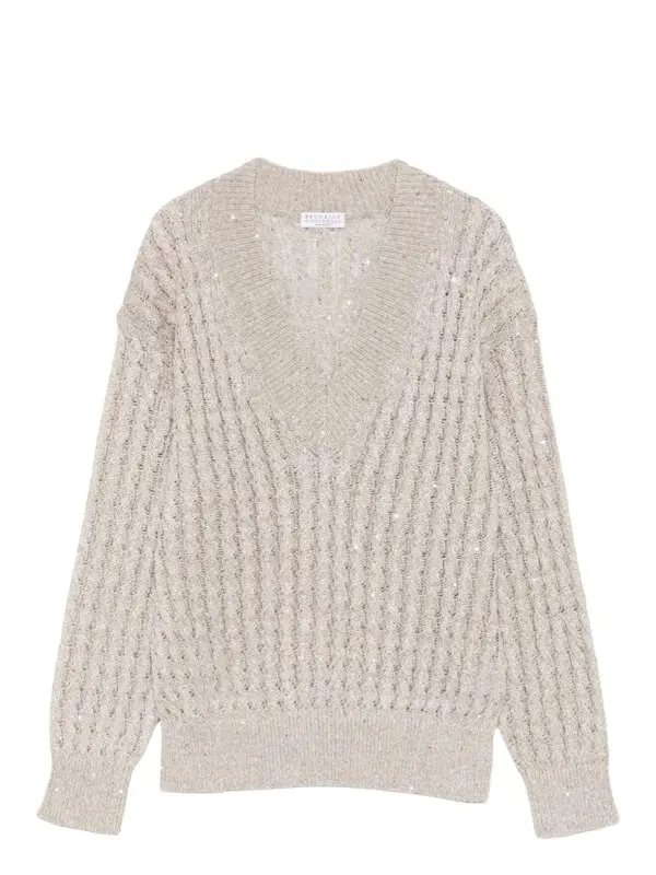 Brunello Cucinelli V-neck Cable Knit Sweater With Sequins - White