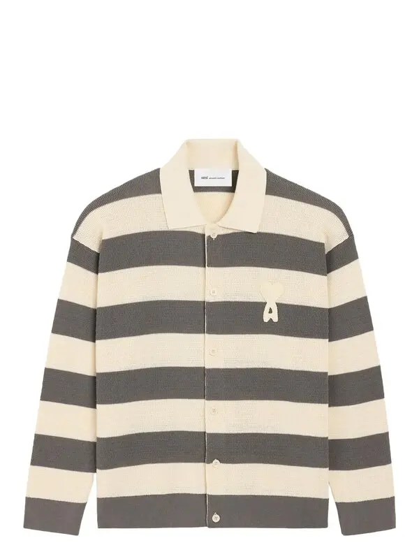 AMI Paris Striped Cardigan With Embroidered Logo - White/beige/carbon