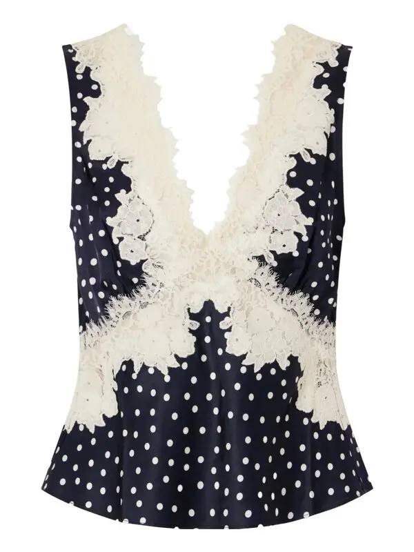 Rixo Polka Dot V-neck Satin Top With Lace Trim - Navy Blue