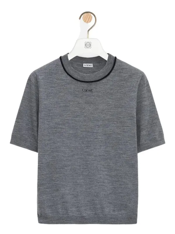 Loewe Short Sleeve Crewneck Top With Contrasting Knit Trim - Gray/navy Blue