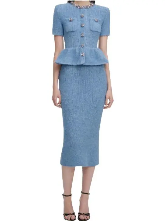 SELF-PORTRAIT Peplum Knitted Midi Dress With Diamanté Trims - Blue