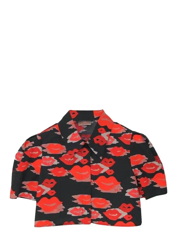 Elisabetta Franchi Cropped Poplin Shirt With Lip Print - Black