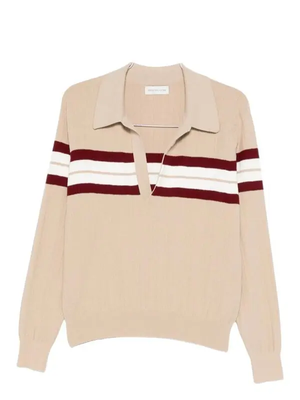 Dries Van Noten Long-sleeved Collared Knitwear With Ribbed Details And Striped Accents - Beige