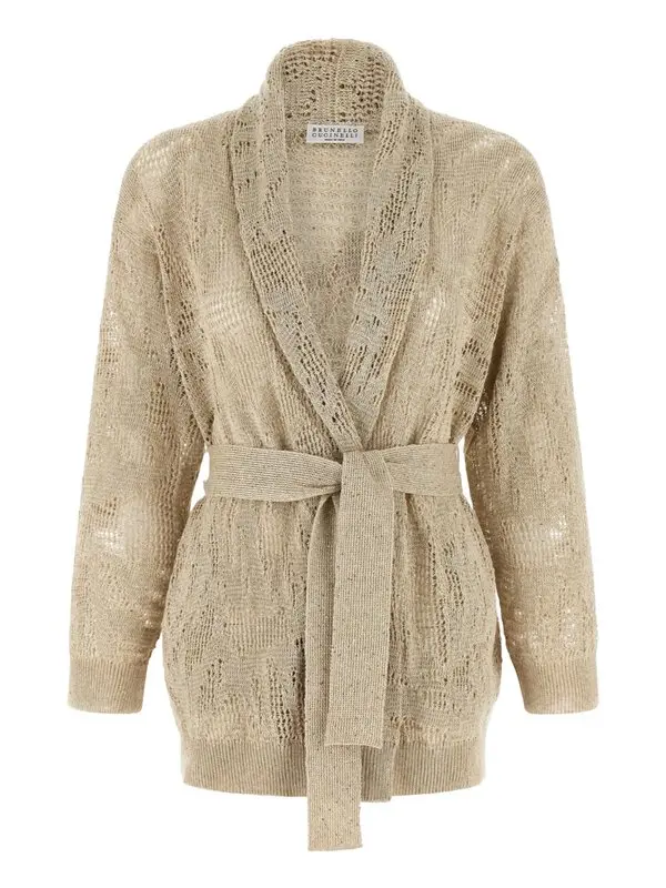 Brunello Cucinelli Crochet Belted Cardigan With Sequins - Beige
