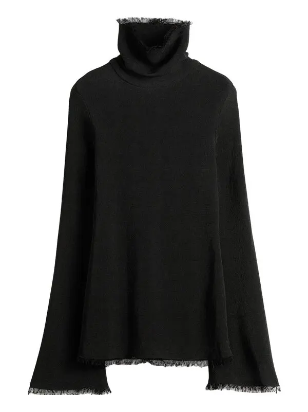 TOTEME Long Sleeve High Neck Top With Frayed Edges - Black