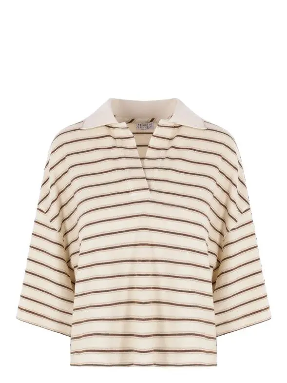 Brunello Cucinelli Striped V-neck Polo Shirt - Panama Brown/gold