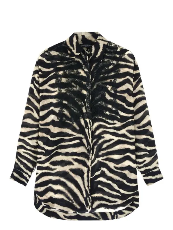 Ermanno Scervino Zebra Print Cotton And Silk Blend Shirt With Rebrodé Lace - Black