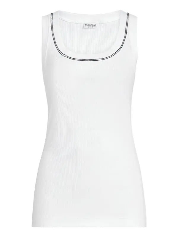 Brunello Cucinelli Sleeveless Ribbed Tank Top With Shiny Trim - White