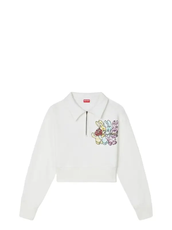 Kenzo Cropped Polo Sweatshirt With Sequined Embroidery - Off White