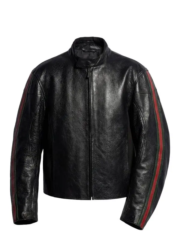 Gucci Striped Detail Motorcycle Leather Jacket - Black