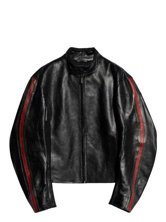 Gucci Striped Detail Motorcycle Leather Jacket - Black