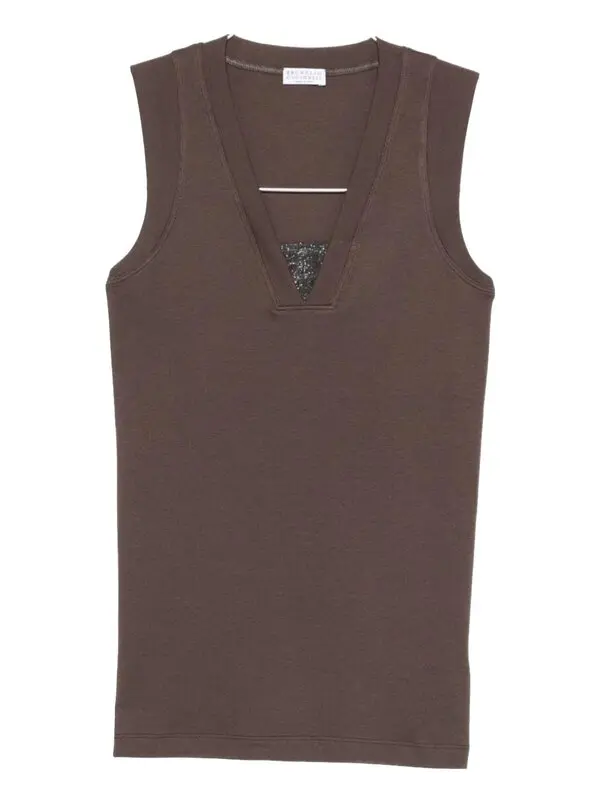 Brunello Cucinelli Embellished V-neck Sleeveless Top - Brown