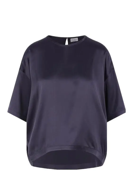 Brunello Cucinelli Keyhole Crewneck Short Sleeve Top - Blue