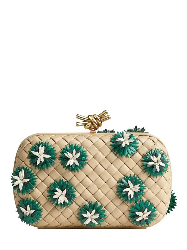 Bottega Veneta Intreccio Woven Clutch With Floral Embellishments - Nude