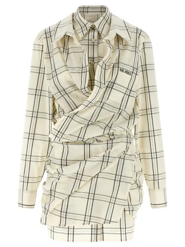 Attico Checked Embroidered Mini Shirt Dress - White