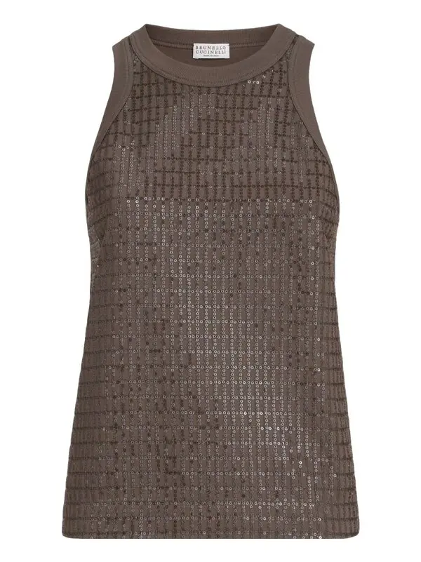 Brunello Cucinelli Embellished Crewneck Sleeveless Top - Brown