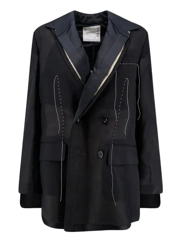 Sacai Double-breasted Blazer With Pleated Back Detail - Black