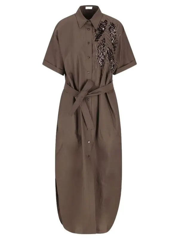 Brunello Cucinelli Embroidered Sequined Poplin Shirt Dress - Brown