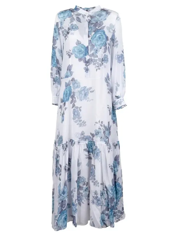 Marella Floral Print Maxi Dress With Long Sleeves - White