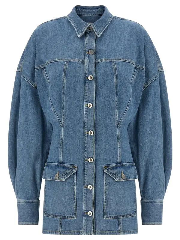 Attico Denim Dress With Extra-wide Sleeves And Contrast Stitching - Blue