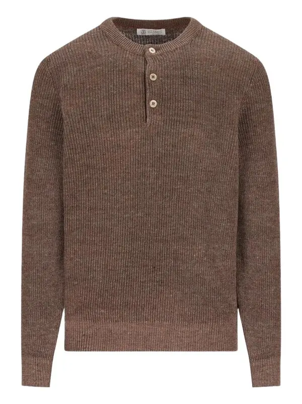 Brunello Cucinelli Ribbed Henley Knit Sweater - Brown