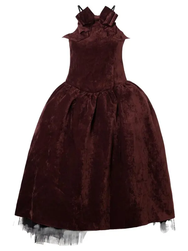 SHUSHU/TONG Bow-embellished Crushed-velvet Midi Dress - Burgundy