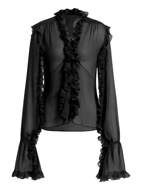 Alberta Ferretti Silk Creponne Ruffled Blouse - Black