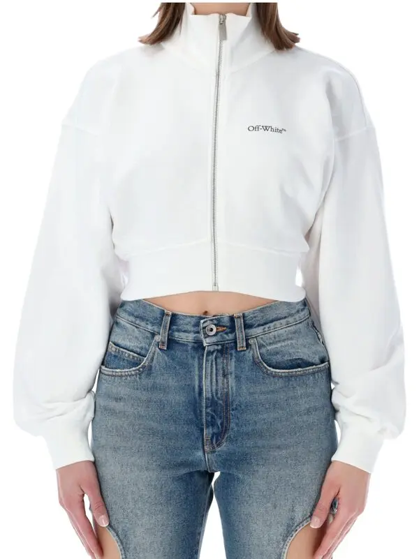 Off-White High Neck Zip-up Cropped Sweatshirt With Floral Arrow Print - White